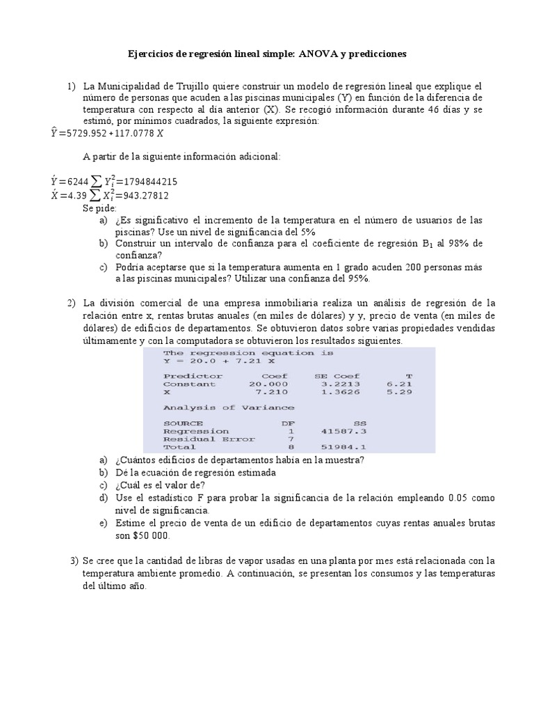 TAREA 2 Ejercicios de Regresión Lineal Simple | PDF | Regresión lineal | Análisis de regresión