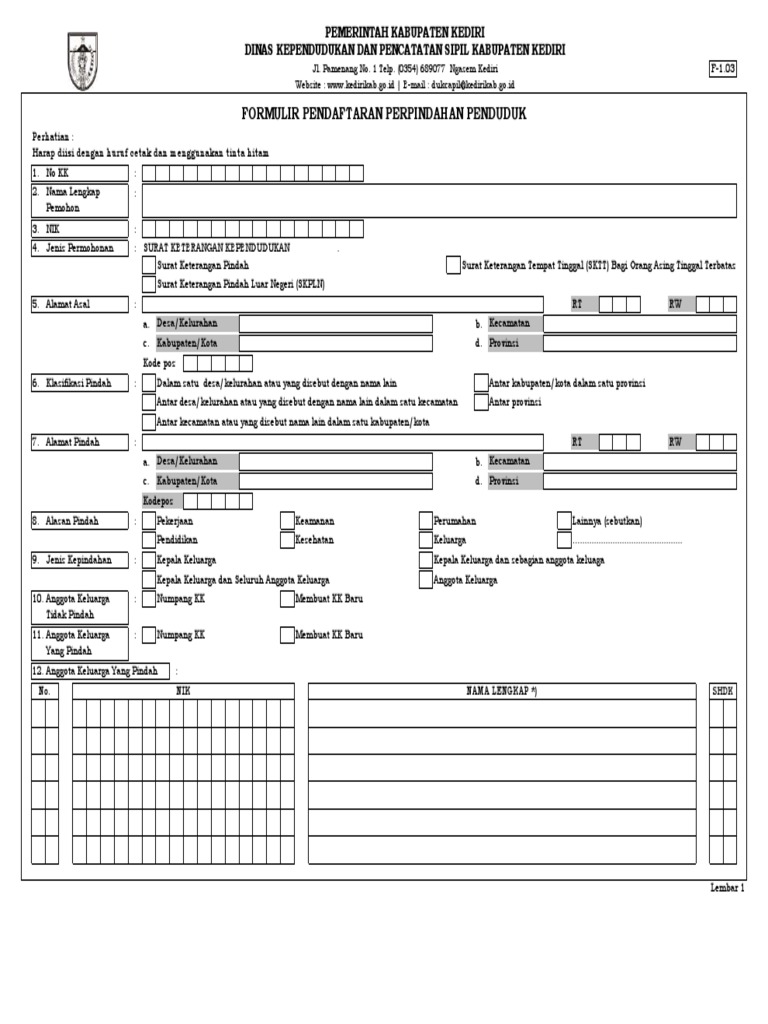 F-1.03-Formulir Pendaftaran Perpindahan Kependudukan Logo Kediri - Full | PDF