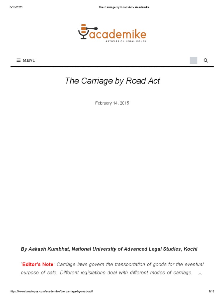 Overview of the Carriage by Road Act | PDF | Common Carrier | Common Law