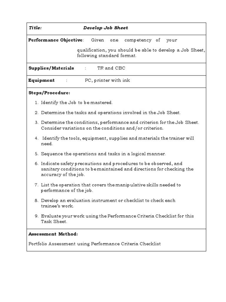 Develop Job Sheet With Performance Criteria Checklist | PDF