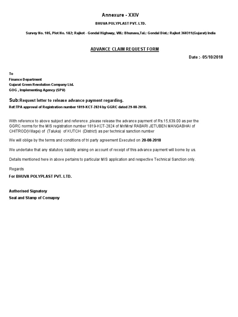 Advance Claim Request for GGRC Payment | PDF | Plumbing | Gas Technologies