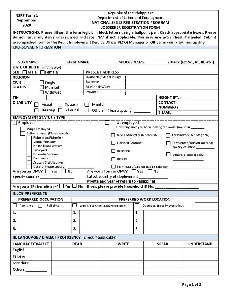 BLE LMI FORM NSRP Registration Form 1 20200915 Final CDE | PDF | Labor ...