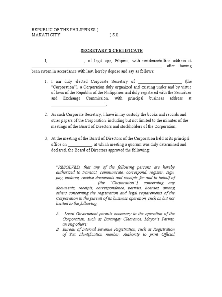 Application For Business Requirements - Secretary's Certificate | PDF ...