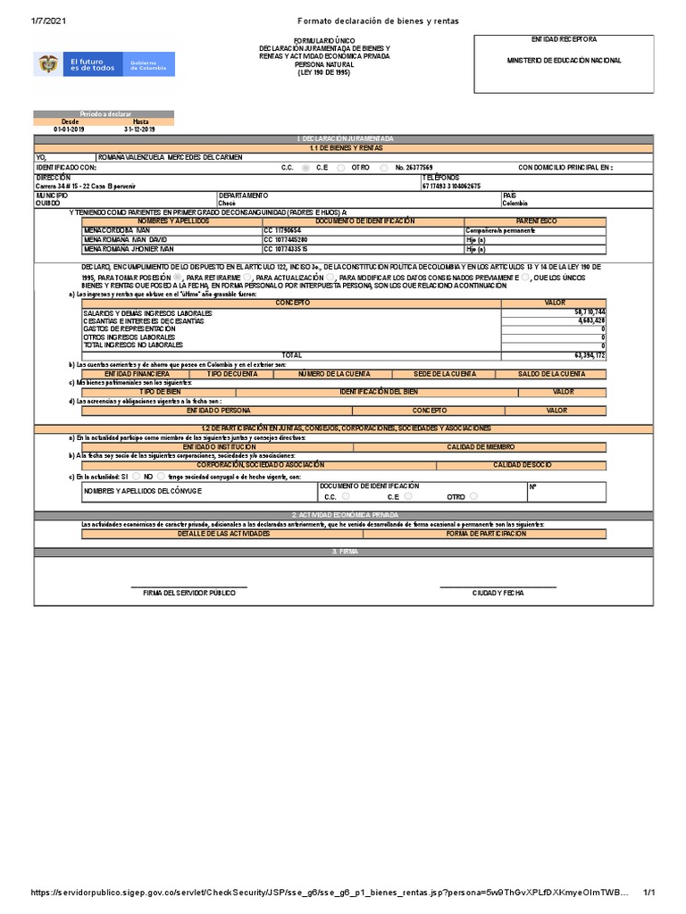 Formato De Declaracion De Bienes Y Rentas