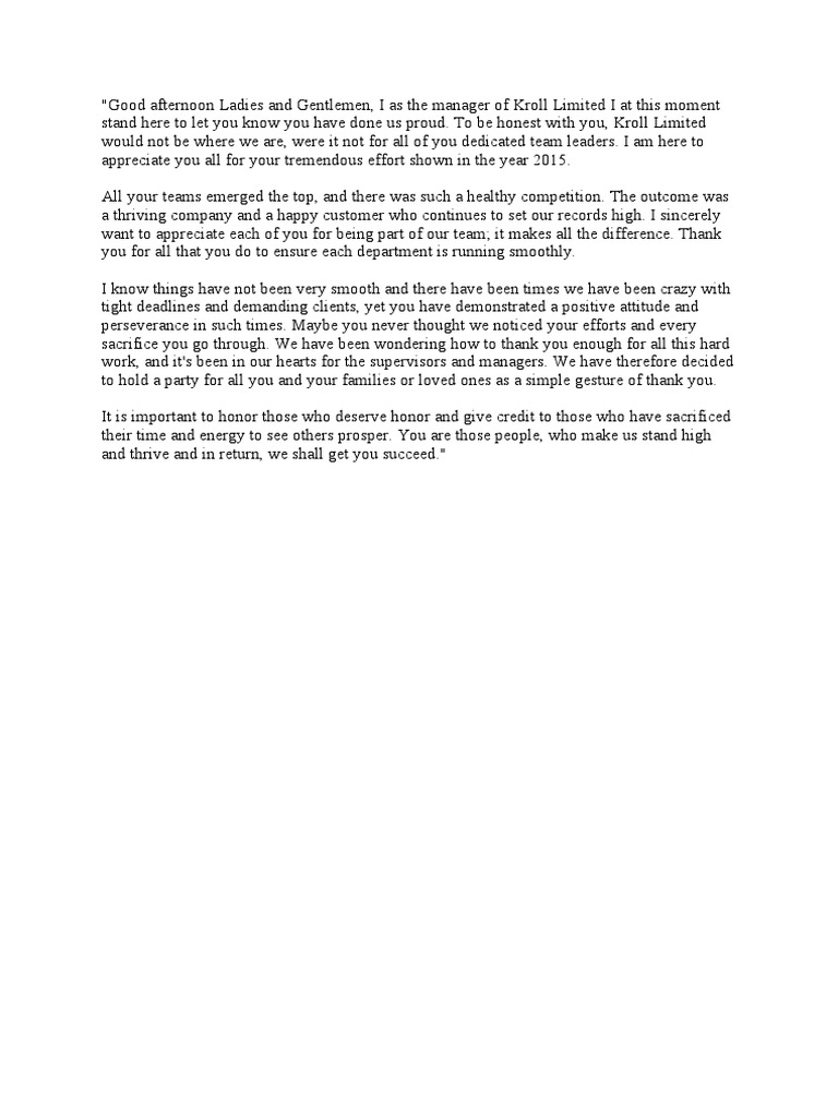 Employee Appreciation Speech Sample | PDF