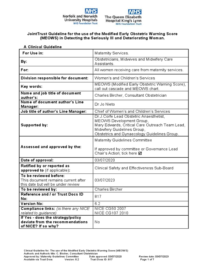 Modified Early Obstetric Warning Score MEOWS MID33 - AO13 v6.2 | PDF ...