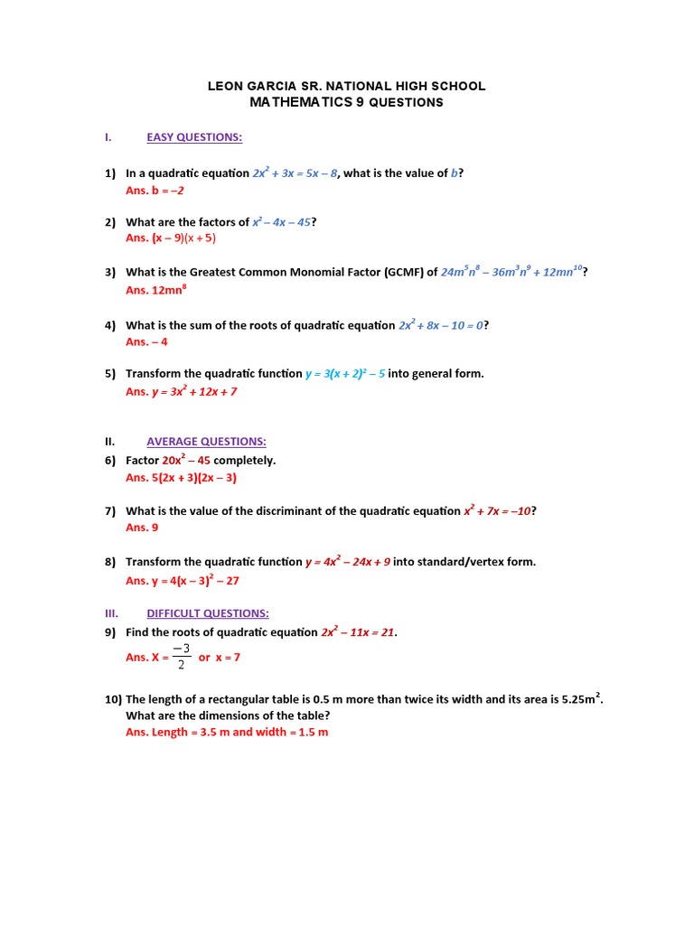 Grade 9 Math Quiz Questions & Answers | PDF | Teaching Methods ...