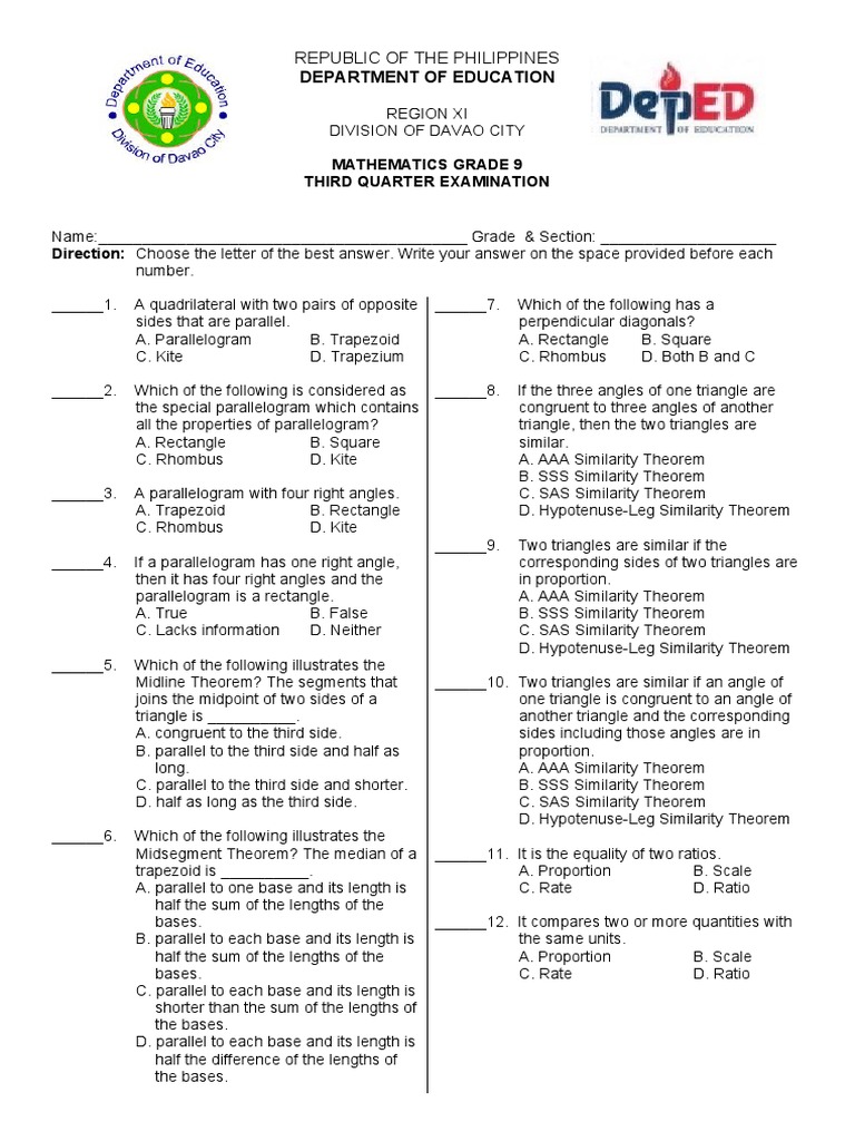 Grade 9 Science 3rd Quarter Examination