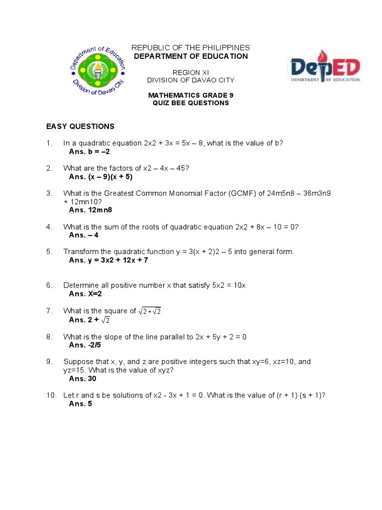 Grade 9 Math Quiz Bee Questions | PDF | Quadratic Equation | Area