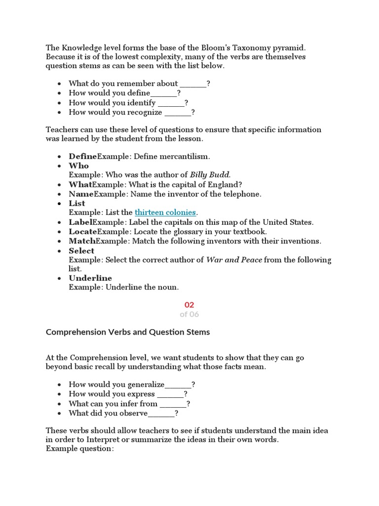 Bloom's Taxonomy Question Examples | PDF | Question | Reading Comprehension
