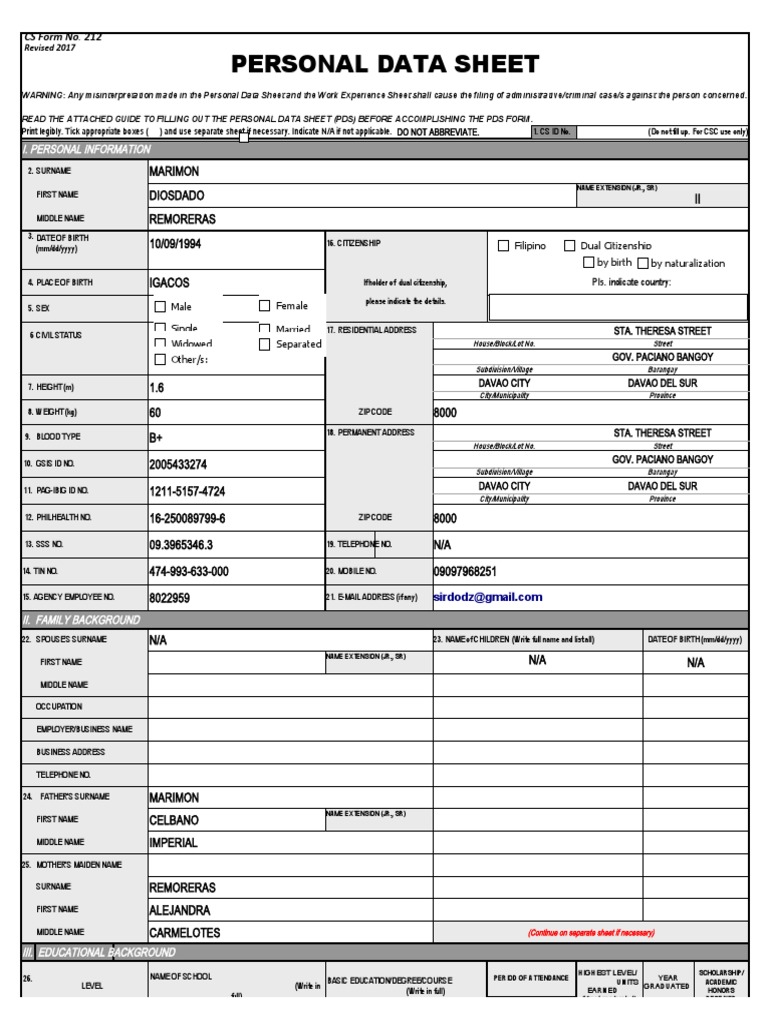 Personal Data Sheet Template | PDF | Government | Justice
