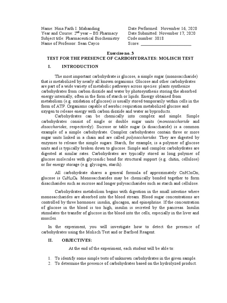 Molisch Test for Carbohydrate Detection | PDF | Carbohydrates ...
