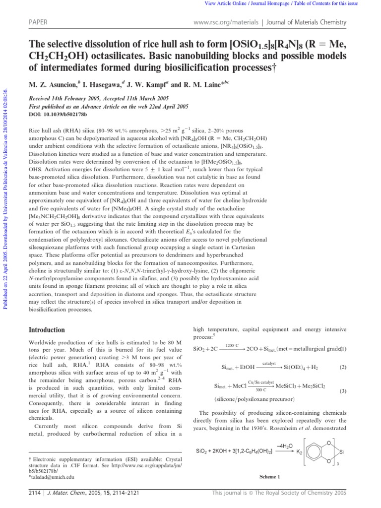 The Selective Dissolution of Rice Hull Ash To Form | PDF | Silicon ...