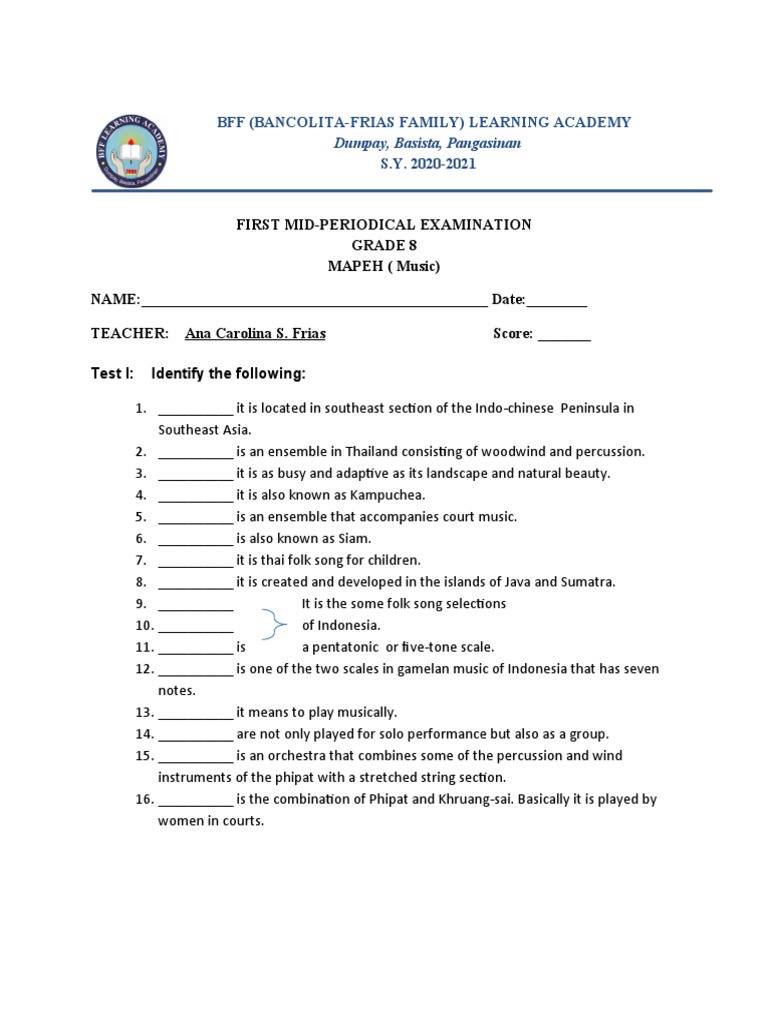 Grade 8 MAPEH Music Exam | PDF