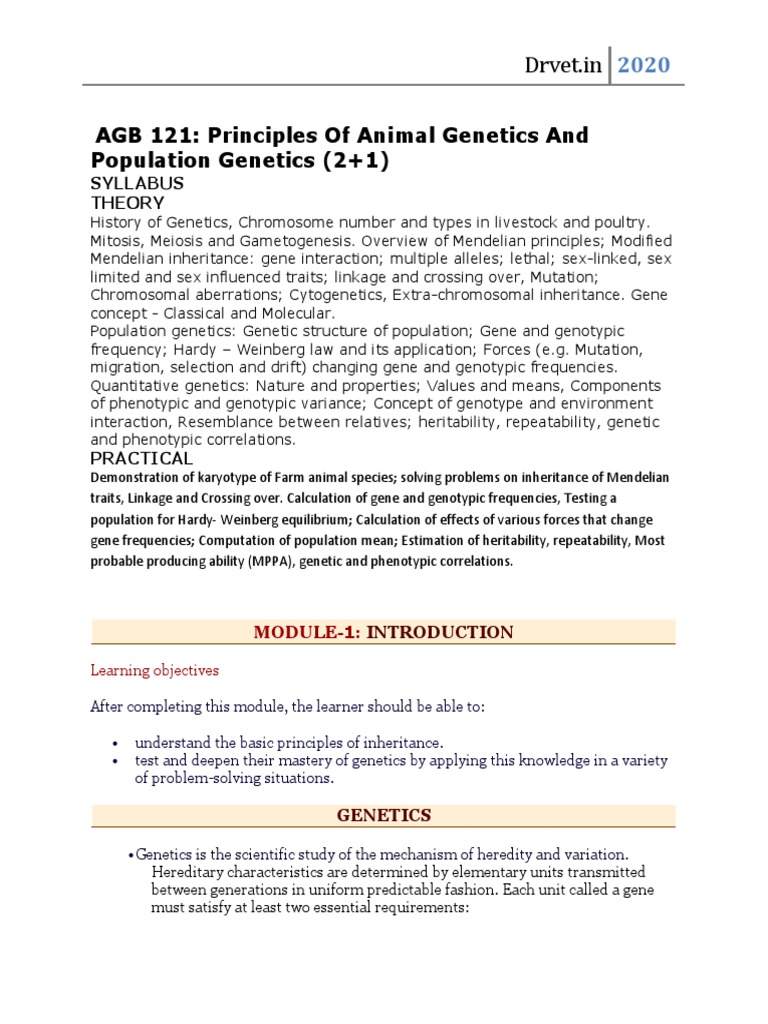 AGB 121: Principles of Animal Genetics and Population Genetics (2+1) | PDF | Mitosis ...