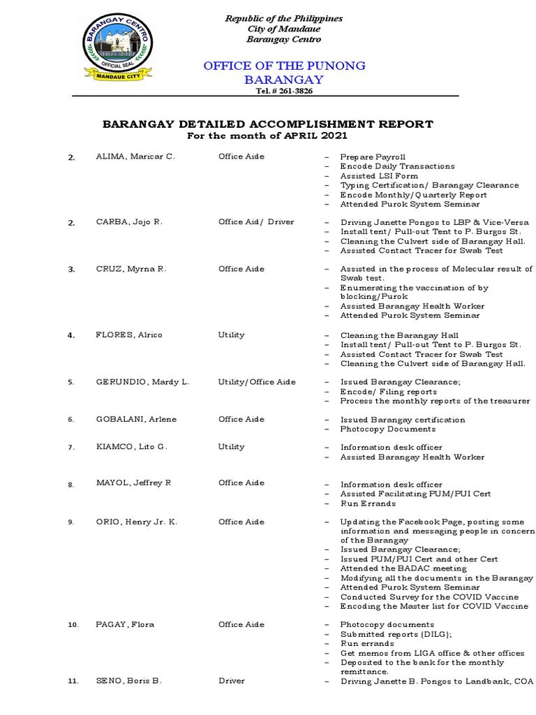 Barangay Staff Accomplishment Report New LH | Download Free PDF ...