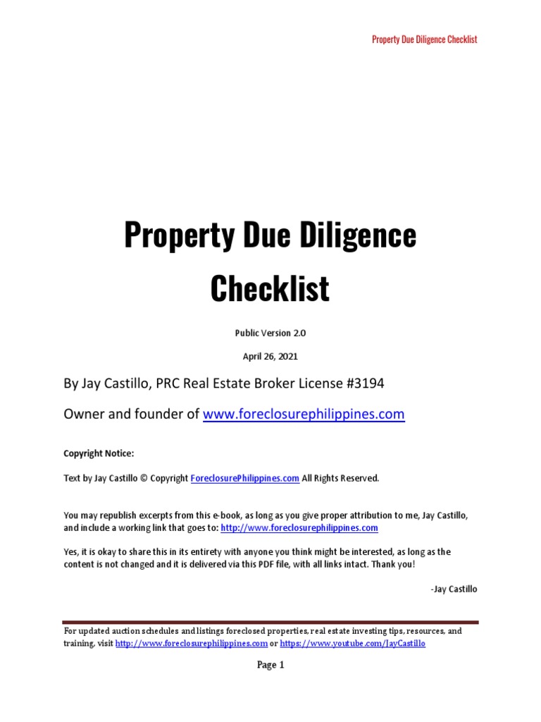 Property Due Diligence Checklist v2 Jay Castillo | PDF | Real Estate ...