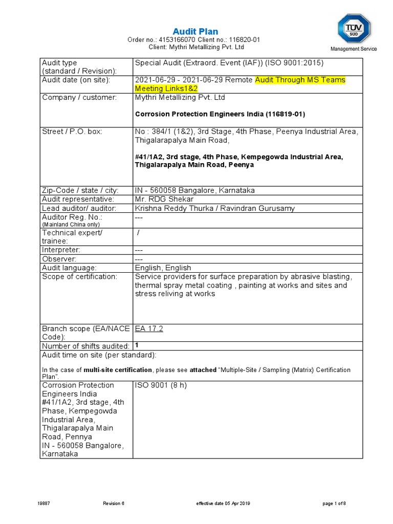 Audit Plan - ISO 9001 - ISO 14001 - 2015 | PDF | Iso 9000 | Audit