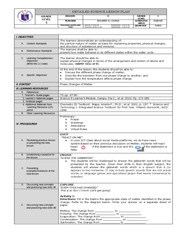 Detailed Science Lesson Plan: Grade Level | PDF | Phase (Matter ...