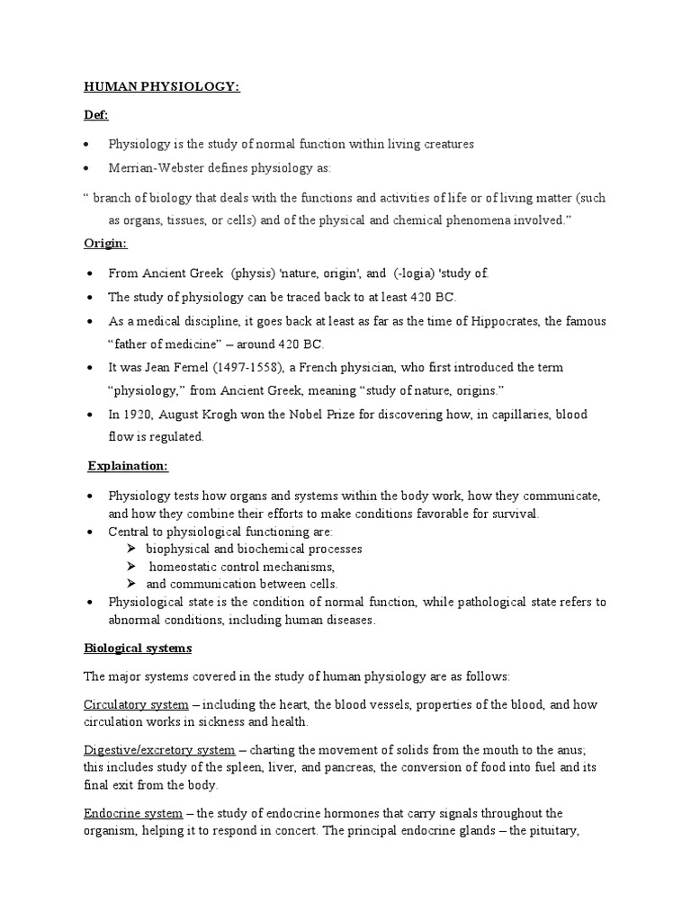 Human Physiology: Def:: Origin | PDF | Human Body | Physiology