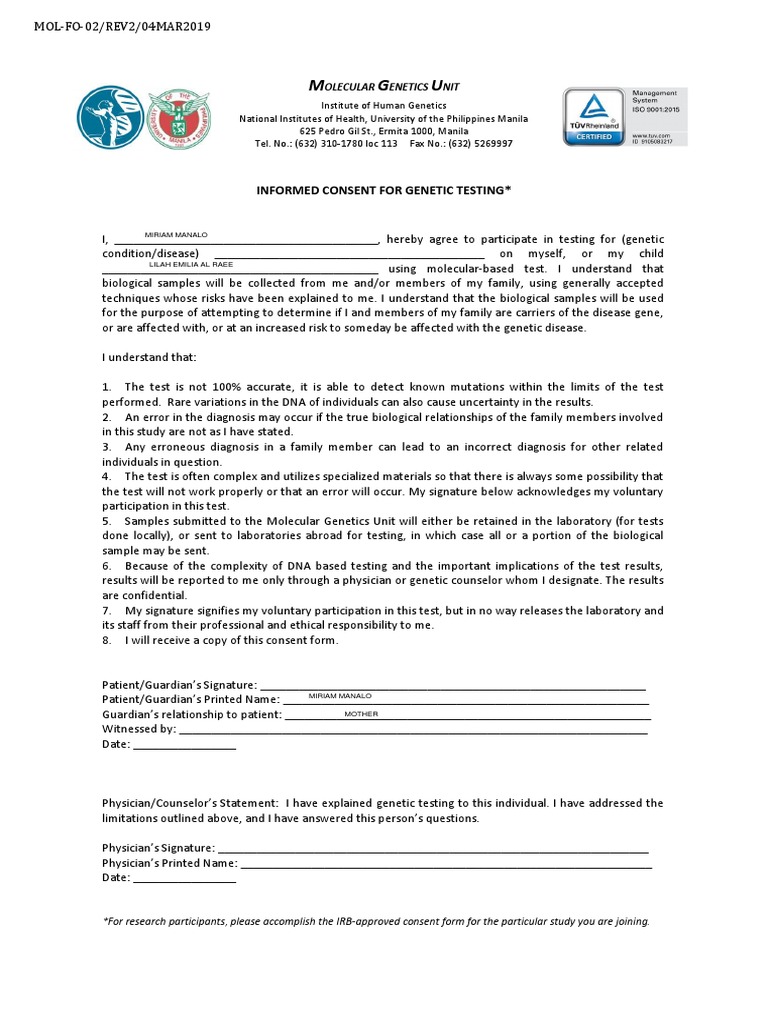 MOL-FO-02 MolGen Informed Consent Form REV 02 19.0304 | PDF | Molecular ...