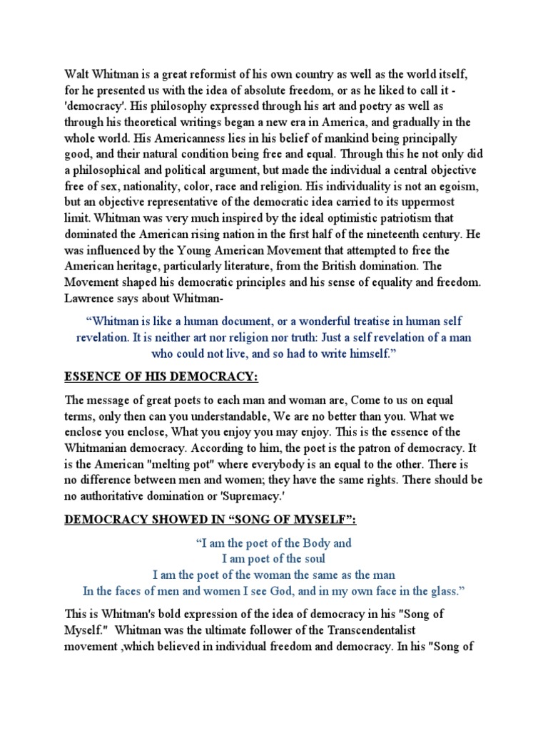 Essence of His Democracy | PDF | Walt Whitman | Democracy