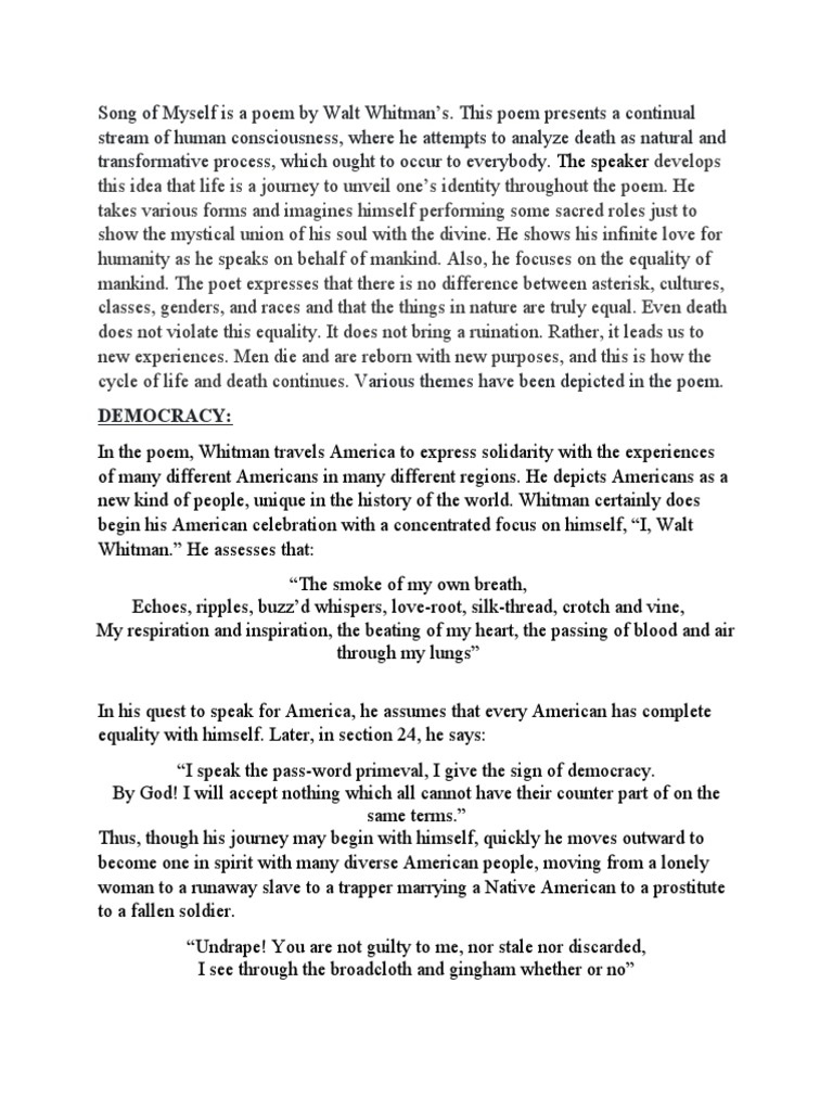 Whitman's Song of Myself explores themes of democracy, existence, death ...