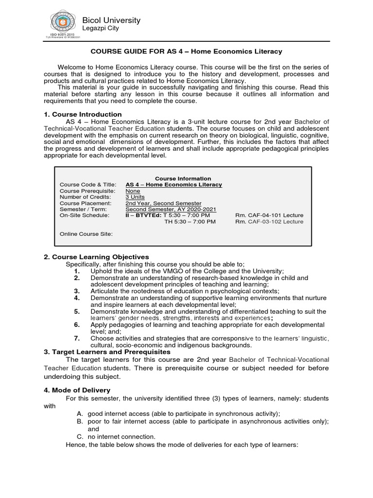 Home Economics Literacy Course Guide | PDF | Hygiene | Educational ...