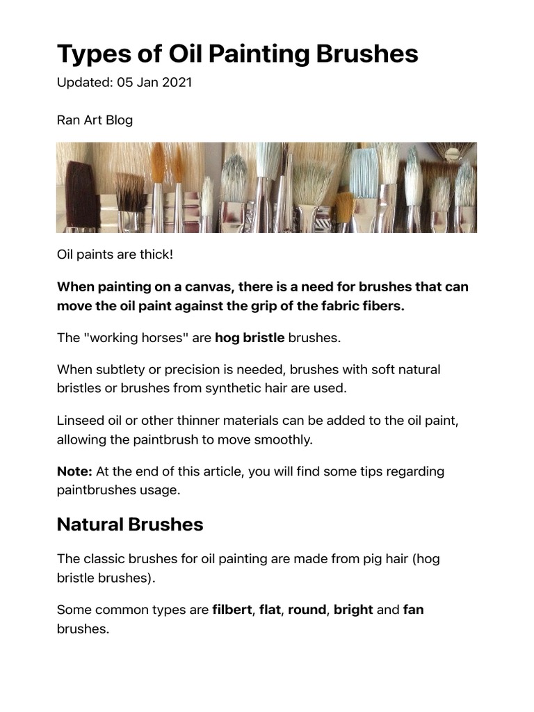 Types of Oil Painting Brushes Explained | PDF | Oil Painting | Visual Arts