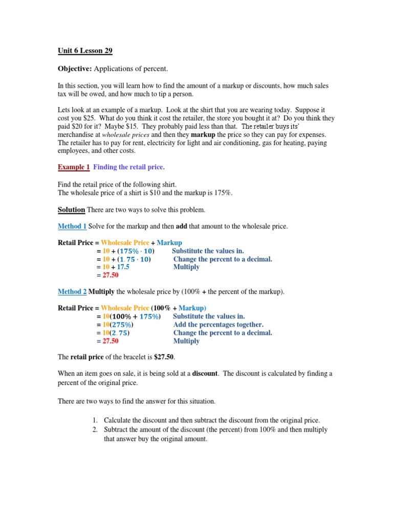 Percent Applications: Markup, Discounts, Tips | PDF | Percentage | Gratuity