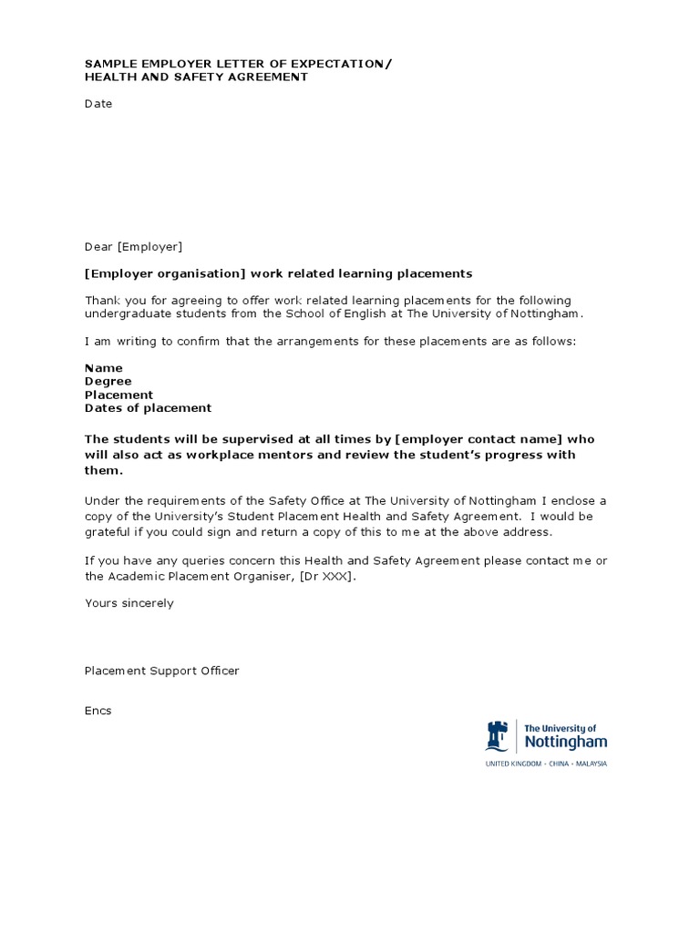 Sample Letter of Expectation Health and Safety Agreement | Download ...