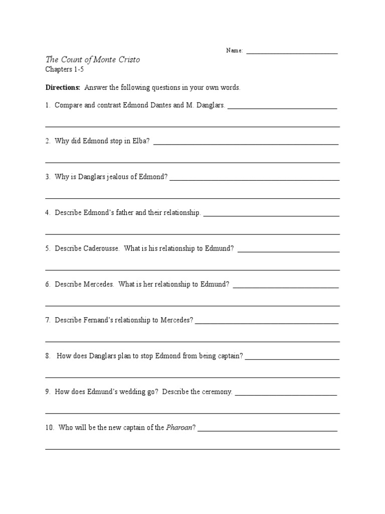 Count of Monte Cristo: Chapters 1-5 Q&A | PDF | Foreign Language ...