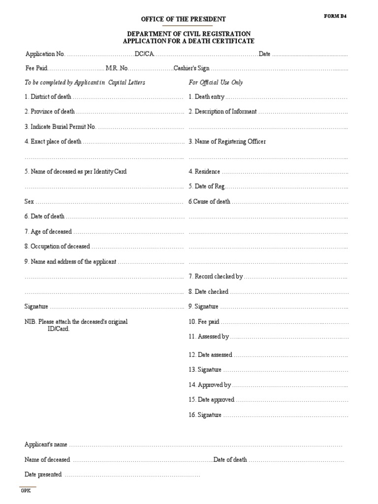 80 Death ApplicationDeathCertificate Form-D4 | PDF | Government And ...