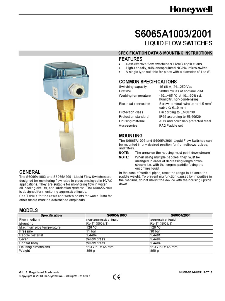 S6065 Honeywell Flow Switch | PDF | Switch | Flow Measurement