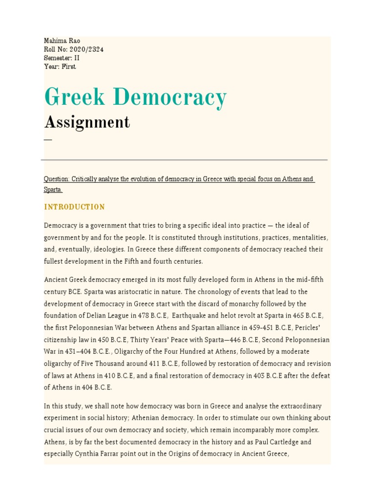 Greek Democracy: Assignment | PDF | Sparta | Tyrant