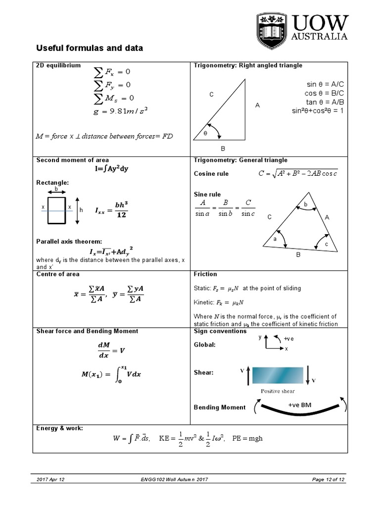 Useful formulas and data: sin θ = A/C cos θ = B/C tan θ = A/B sin²θ ...