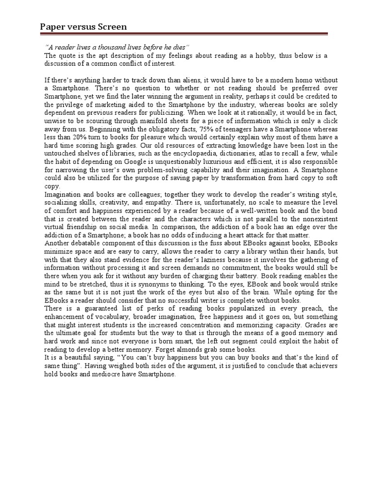 Paper vs. Screen | PDF | E Books | Psychological Concepts