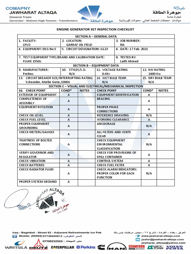 Engine Generator Set Inspection Checklist | PDF | Components ...