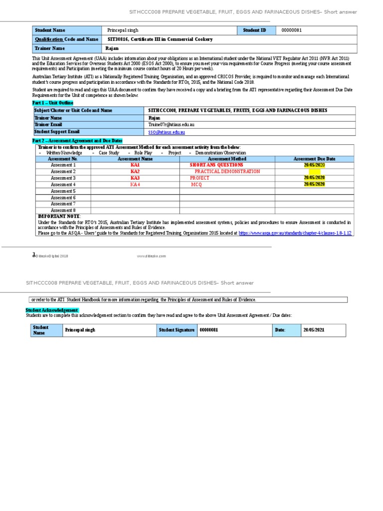 SITHCCC008 Prepare Vegetables Fruits Eggs and Farinaceous Dishes | PDF ...