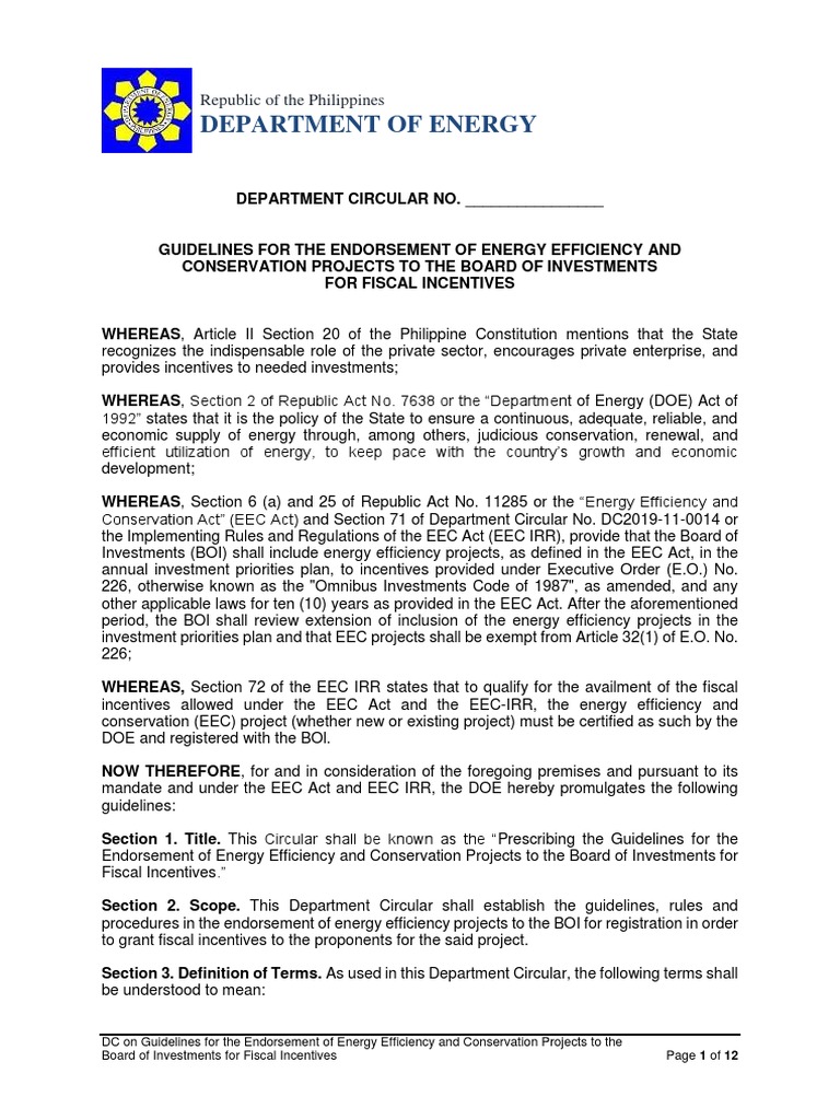 DOE Draft DC On EEC Endorsement Guidelines For Fiscal Incentives ...