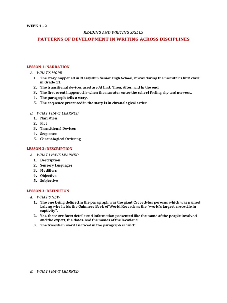 Patterns of Development in Writing Across Disciplines: Reading and Writing Skills | PDF ...
