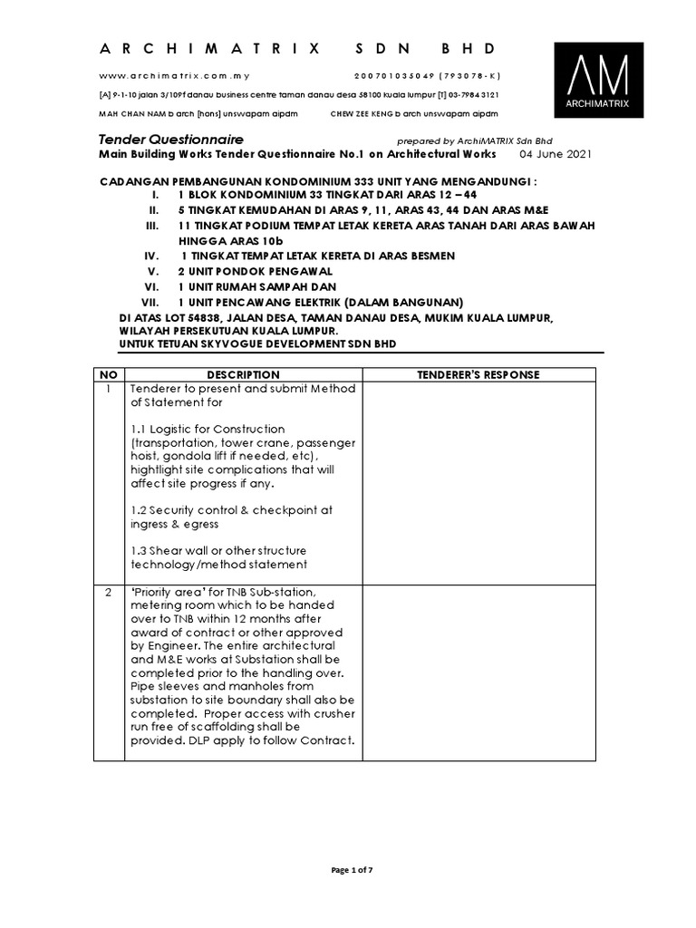 Gamuda Main Building Tender Questionnaire | PDF | General Contractor ...