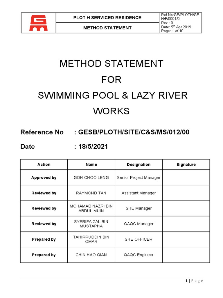 Method Statement FOR Swimming Pool & Lazy River Works: Reference No ...