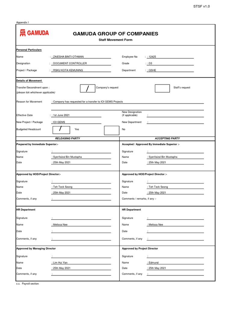 Staff Movement Form-DC Zaiesya | Download Free PDF | Business