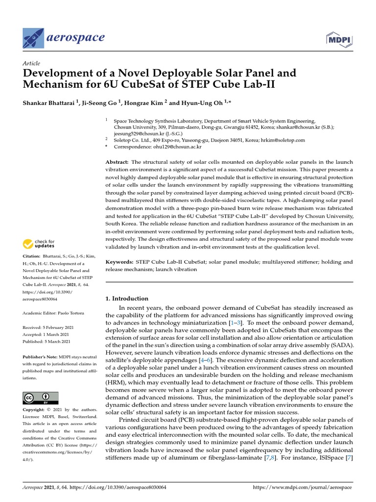 Aerospace: Development of A Novel Deployable Solar Panel and Mechanism For 6U Cubesat of Step ...