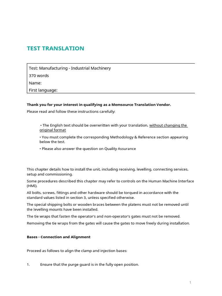 Test Translation: Test: Manufacturing - Industrial Machinery 370 Words ...