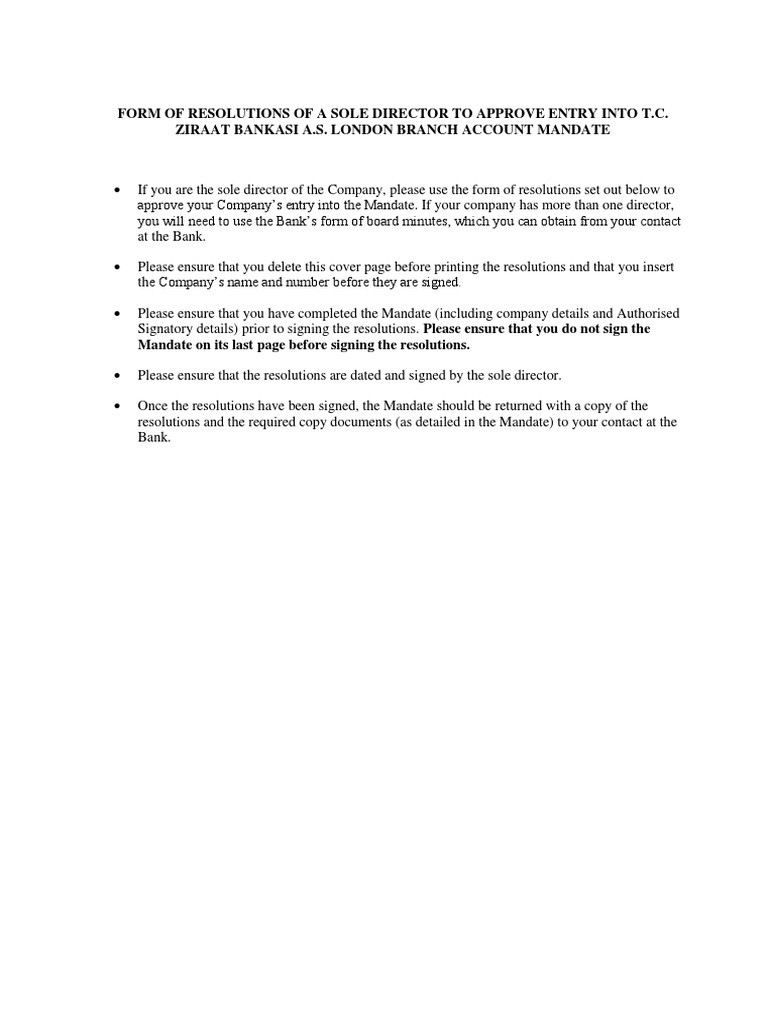 Form of Resolutions of A Sole Director To Approve Entry Into T.C ...