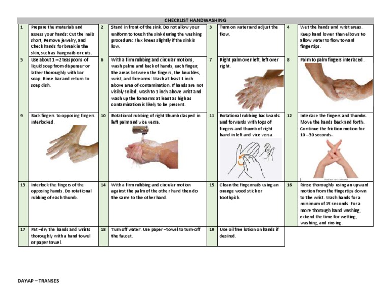 Handwashing Checklist | PDF | Hand Washing | Finger