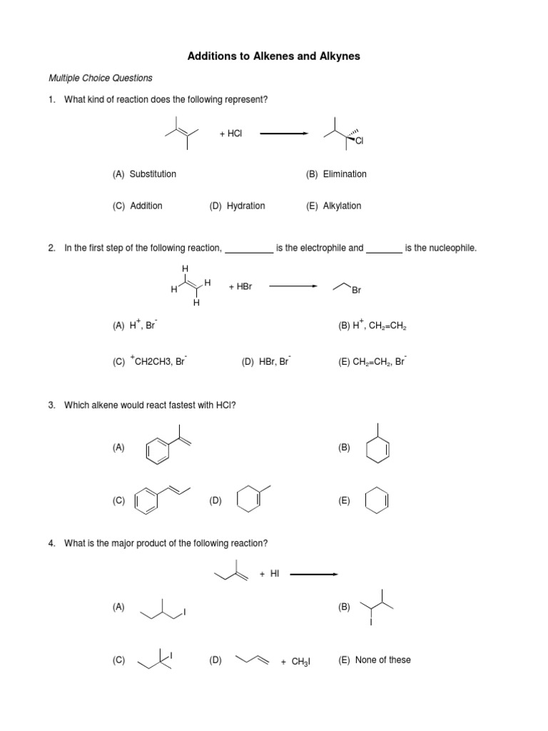 Alkenes and Alkynes: MCQ Practice Guide | PDF | Chemical Reactions ...