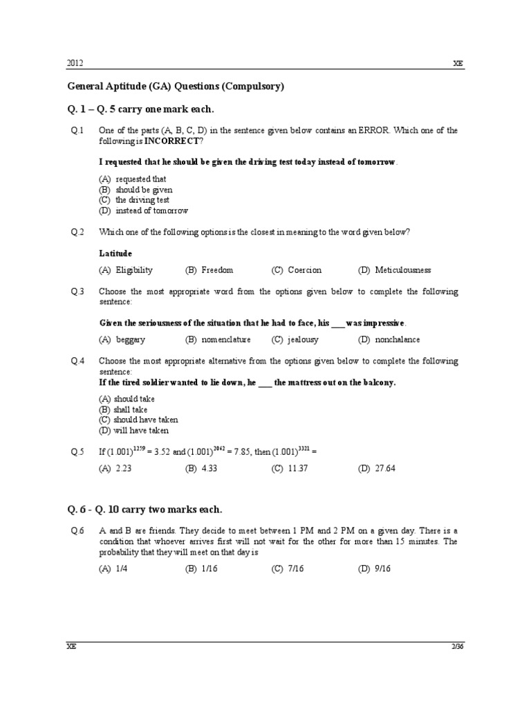 General Aptitude (GA) Questions (Compulsory) Q. 1 - Q. 5 Carry One Mark Each | PDF | Business